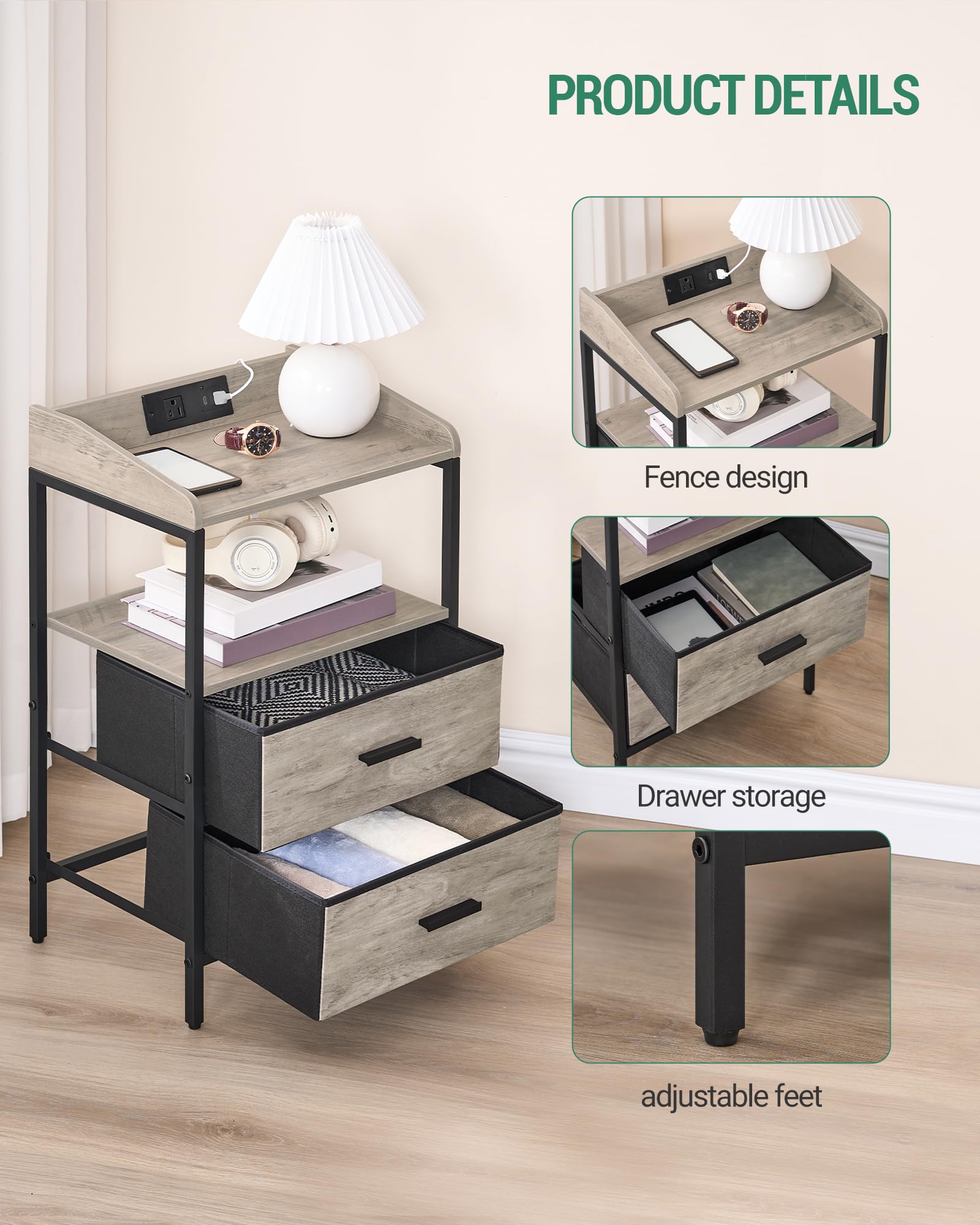 Hzuaneri Nightstands with Charging Station, End Table with 2 Fabric Storage Drawers and Shelves, Modern Side Table with USB Ports & Power Outlets, Greige NS30405B