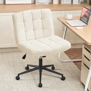 Furniliving Wide Desk Chair, Faux Fur Upholstered Office Chair with Wheels, Adjustable Accent Chair with Thicken Seat, Computer Chair for Living Room, Study Room, Home Office, IvoryWhite