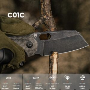 Kizer C01C Sheepdog Pocket Knife, 3.29" 154CM Blade Camping Knife with Grey Micarta Handle, EDC Knife with Button Lock, Survival Knife with Thumb Stud & Hole, Folding Knife for Men Women, V4488BC1