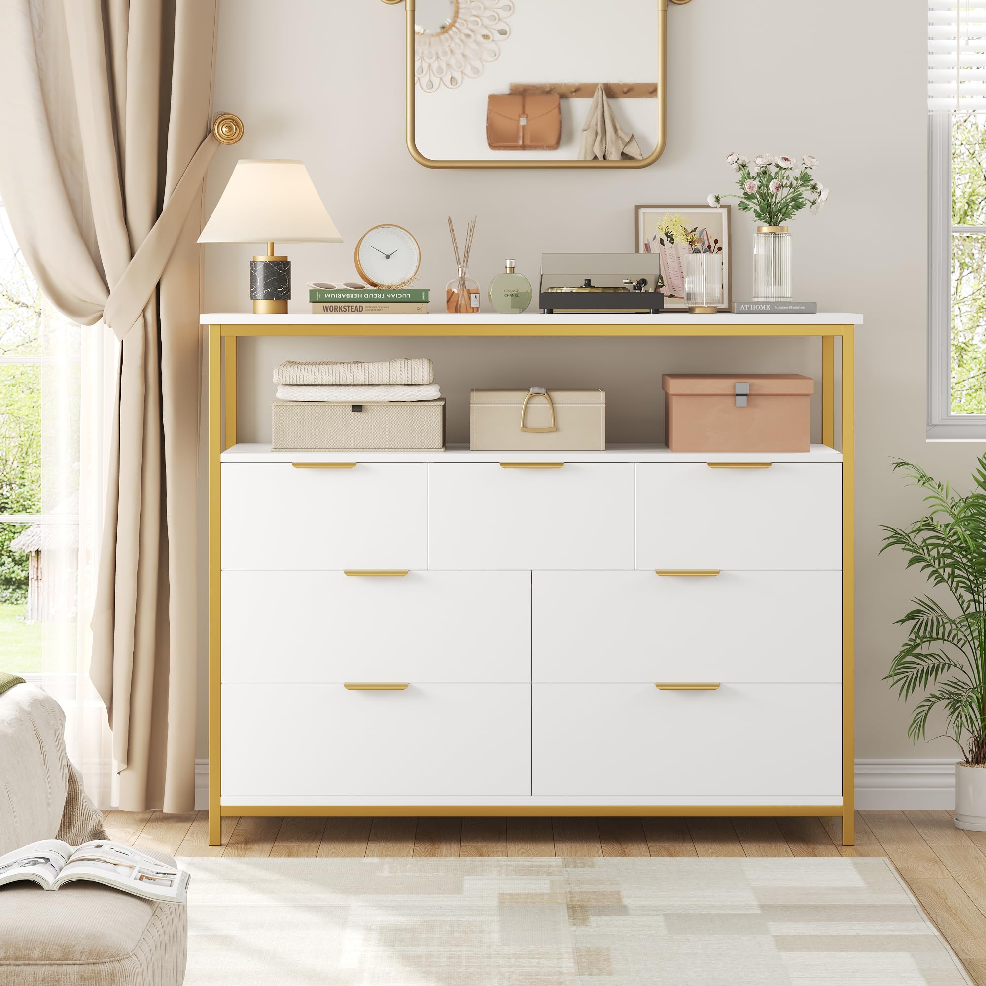 FACBOTALL Modern 7 Drawer Dresser, White Dresser with Metal Handles, White and Gold Dresser, Tall Dresser Chest of Drawers, Large Capacity Chest Storage Organizer for Living Room, Entryway, White.