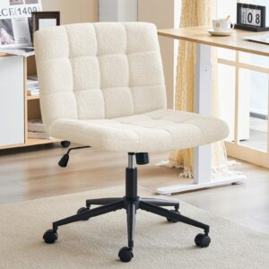 furnimart swivel criss cross legged chair with wheels for home office, wide armless desk chair height adjustable comfy seat for desk,vanity, bedroom, faux fur white