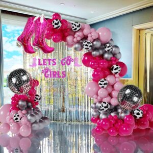 cowgirl balloons arch garland kit for last rodeo bachelorette sash supply birthday party decorations,hot pink rose red silver cow print cowgirl boot disco ball balloon,let’s go girl banner backdrop