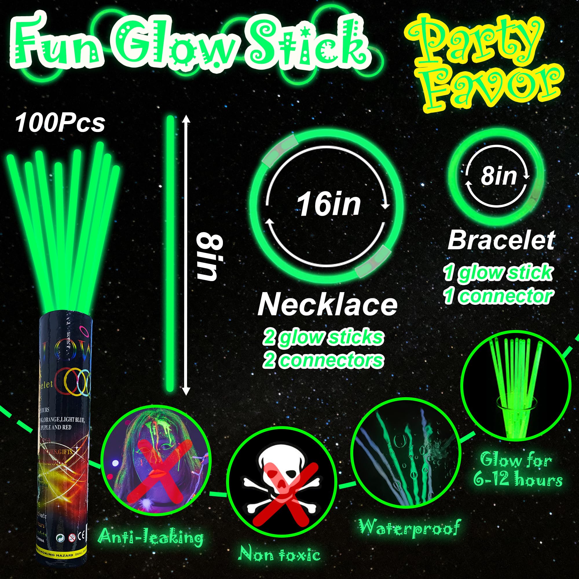 ILHSTY 100 pk 8'' Green Glow Sticks Glow Necklaces In The Dark Party Favors Supplies Bright GlowSticks Bulk for Birthday Easter Valentine Mardi Gras Christmas St. Patrick Halloween Party (Green*100)