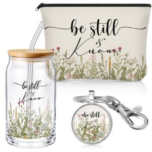 ziliny 3 pcs christian gifts for women be still and know religious gifts 16 oz glass cups with lid inspirational scripture keychain bible verse cosmetic bag gifts for teacher student(flower)