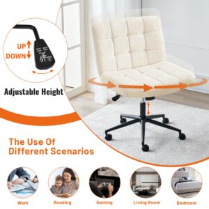 Furniliving Wide Desk Chair, Faux Fur Upholstered Office Chair with Wheels, Adjustable Accent Chair with Thicken Seat, Computer Chair for Living Room, Study Room, Home Office, IvoryWhite