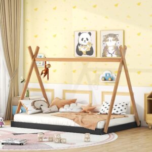 Harper & Bright Designs Full Size Teepee Bed for Kids,Full Floor Bed Frame with Triangle Structure,Wood Montessori Floor Bed for Girls Boys Bedroom Furniture,Black+Brown