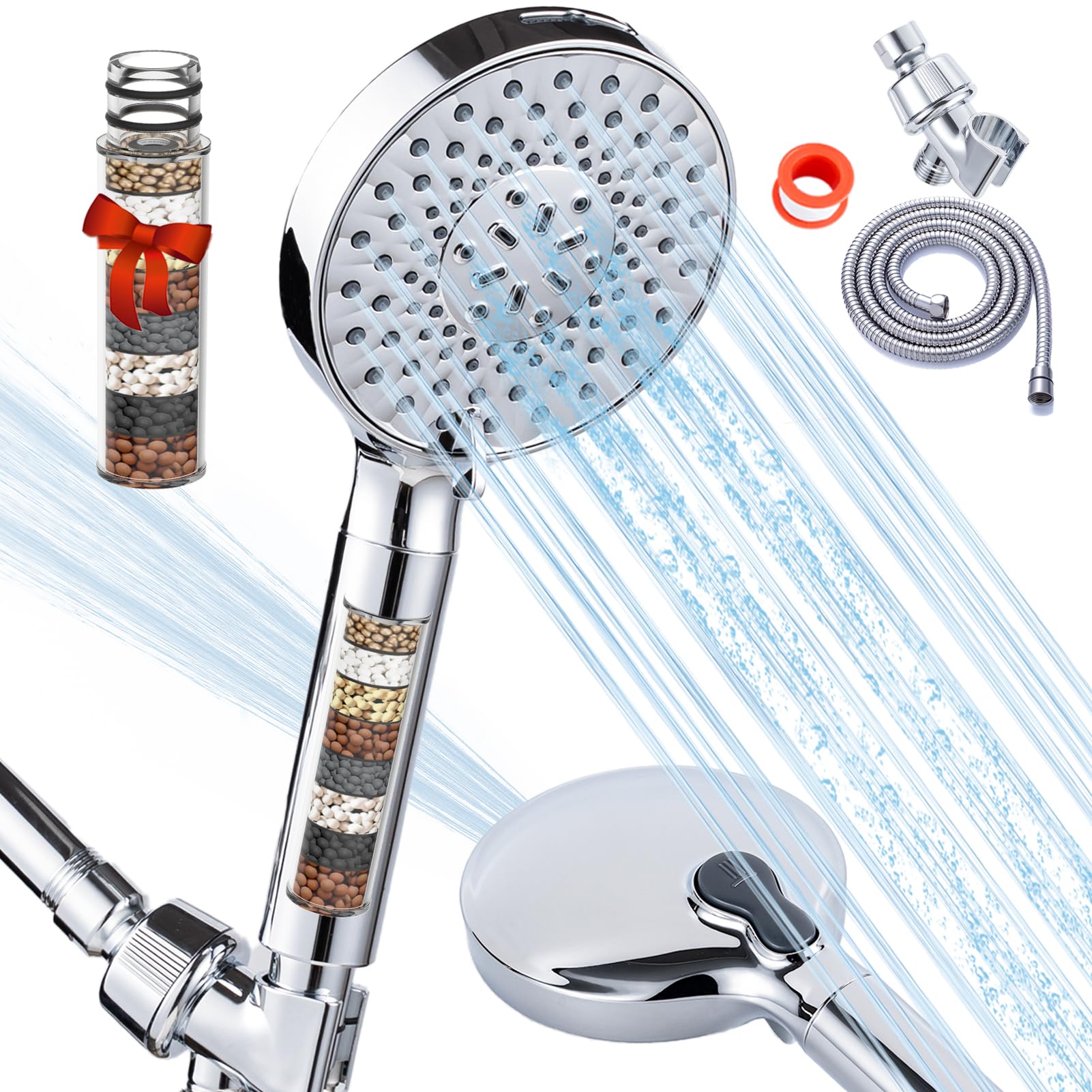 VXV Filtered Shower Head, 9 Modes High Pressure Shower Head with Handheld Remove Chlorine & Hard Water, Showerhead Built-in Spray to Clean Bathroom, with 71" Shower Hose & Shower Bracket, Chrome