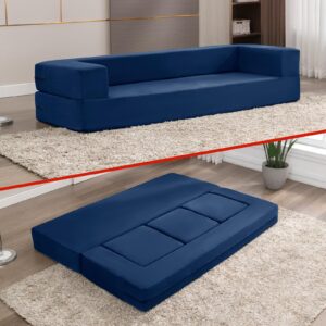 puremind folding velvet sofa bed with 3 ottomans, convertible floor sofa, foldable sleeper foam bed, comfy futon couch with foam mattress for home apartment office and dorm - blue