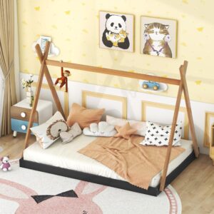 harper & bright designs full size teepee bed for kids,full floor bed frame with triangle structure,wood montessori floor bed for girls boys bedroom furniture,black+brown