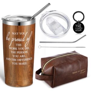 roshtia set of 3 thank you gift for men dad 20oz stainless steel tumbler with lid straw leather toiletry bag inspirational keychain team christmas gift for employee teacher staff(wood grain)