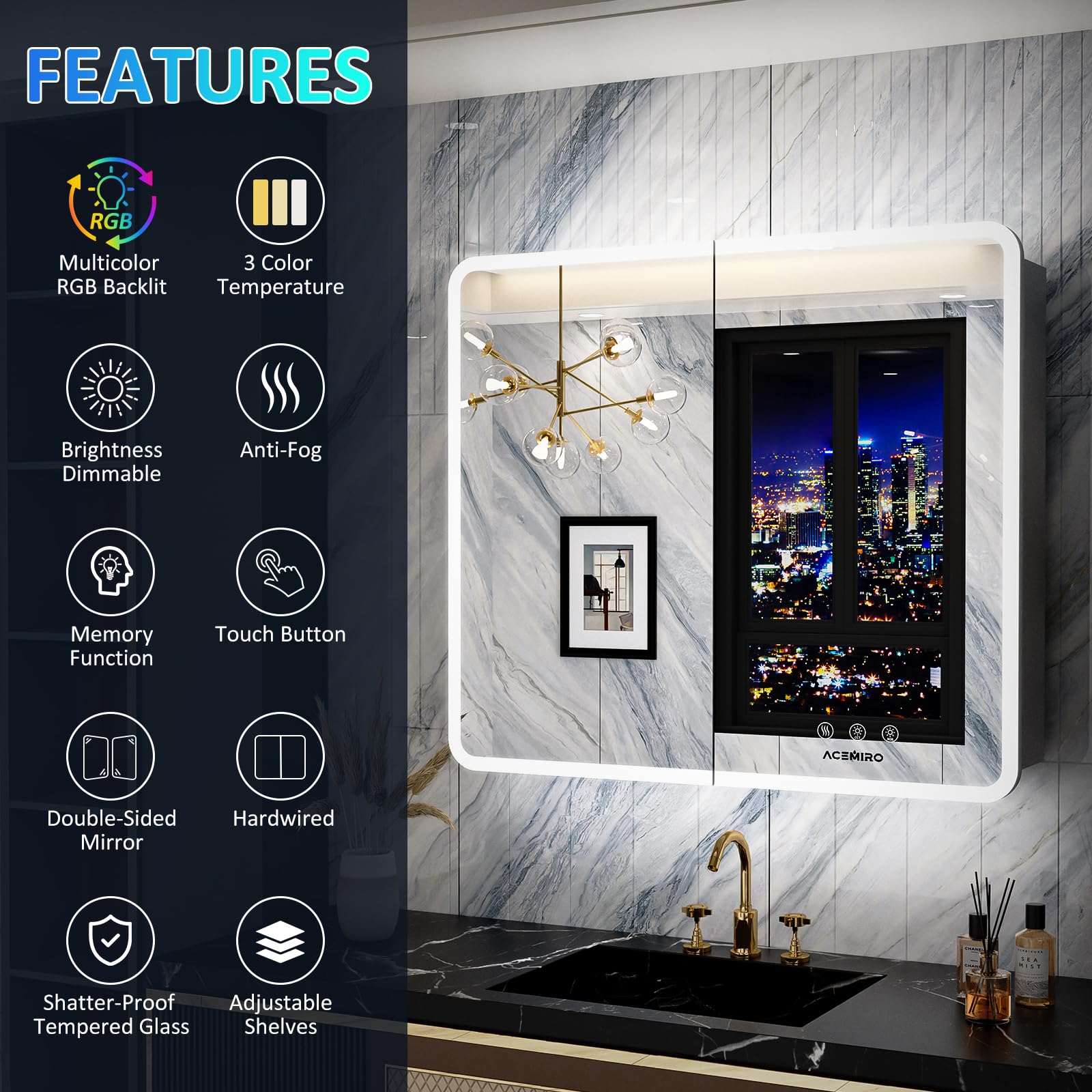 ACEMIRO Bathroom Medicine Cabinet with Lights, 36×32 Inch LED Bathroom Mirror Cabinet with Lights, Defogger, Dimmer, Lighted Medicine Cabinet with RGB Backlit+3 Color Front Light, Wall Mounted