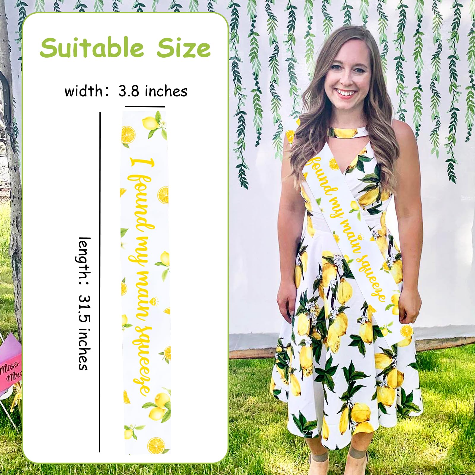 JOYMEMO I Found My Main Squeeze Sash - Lemon Bridal Shower Decorations, Yellow Lemon Soft Satin Bridal Shower Sash, Bachelorette Engagement Party Supplies