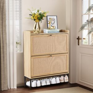 LEVNARY Shoe Storage Cabinet with 2 Flip Drawers, Wooden Narrow Shoe Cabinet Storage for Entryway, Freestanding Shoe Rack Organizer Cabinet with Metal Legs for Hallway (1, Natural Oak)