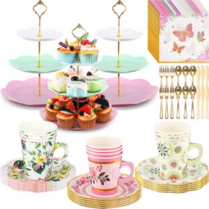 layhit 83 pcs tea party decorations include disposable 12 sets 9 oz paper tea cups with handle and saucers floral napkins 3 tire cake stand tea serving platter tableware for girl's birthday