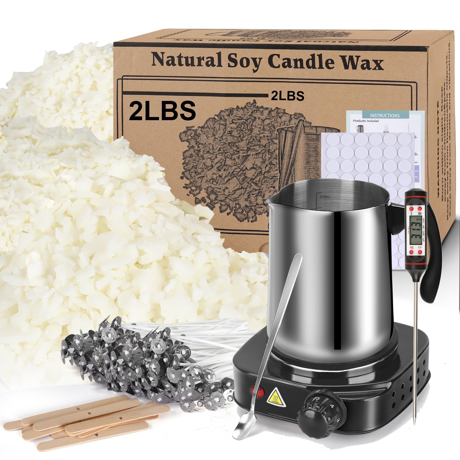 Soy Wax Candle Making Kit Supplies With Wax Melter, Natural Candle Wax For Candle Making, DIY Art&Crafts Kit for Adults,Beginner, Including 2lbs Soy Wax Flakes, Electric Stove,Candle Wick,Melting Pot