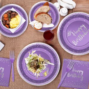 96 Pieces Purple and Silver Birthday Plates and Napkins Party Tableware Set with Happy Birthday Party Decorations,Paper Plates,Napkins and Forks for 24 Guests