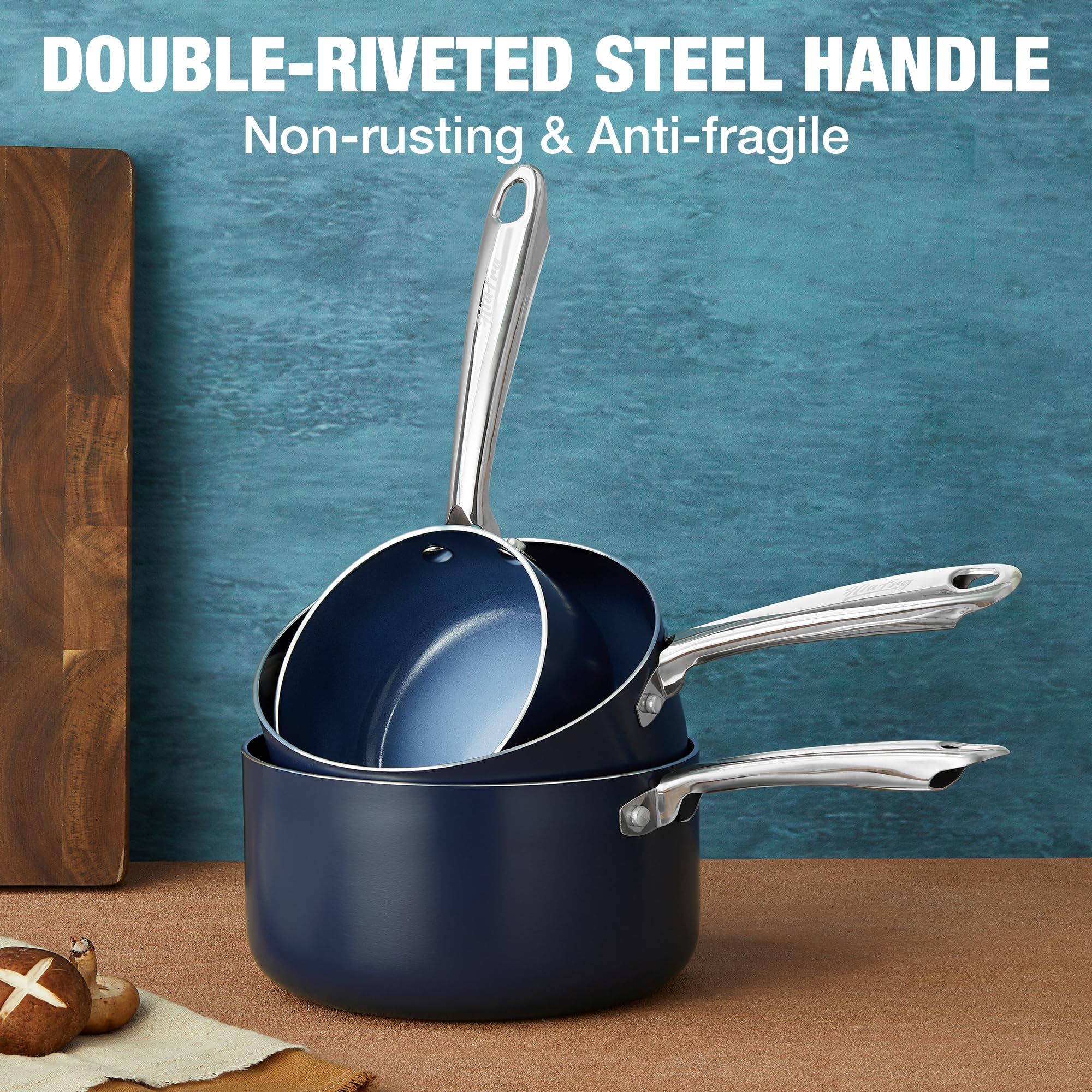 HLAFRG 1+2+3QT Nonstick Saucepan Set with Lids, Small Pot Set, Ceramic Coating, Less Oil and Easy to Clean, Stainless Steel Handle, Oven Safe, Fast and Even Heating, Gradient Blue Pan