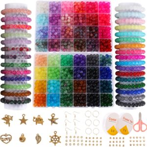 glass beads for jewelry making, 1280pcs + 8mm 48 colors round crystal glass beads bracelet making kit, bead starter kit for christmas holiday gifts