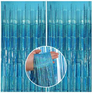 2 pack blue party backdrop curtains metallic blue tinsel foil fringe curtains ocean themed decor party photo backdrop party streamers for birthday graduation new year eve wedding decor