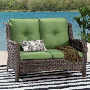 meetleisure outdoor patio wicker loveseat sofa - 2-seater rattan sofa for outside patio garden with deep seating and olefin cushions(mixed grey/green)