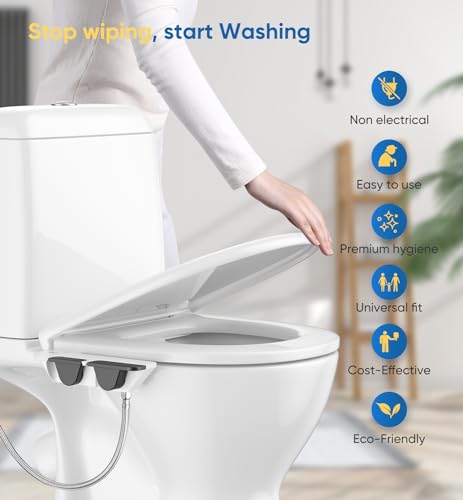 Ultra-Slim 3-in1 Bidet, Self-Cleaning, Posterior&Feminine Wash-(Retractable Dual Nozzles), Non-Electric Bidet Attachment for Toilet Seat, Adjustable Fresh Cold Water Pressure, Stainless Steel Inlet