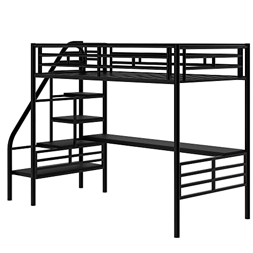 BOVZA Metal Twin Loft Bed with Desk and Storage Stairs, Twin Size Loft Bed Frame with Safety Rails for Kids Teens Boys Girls, Black