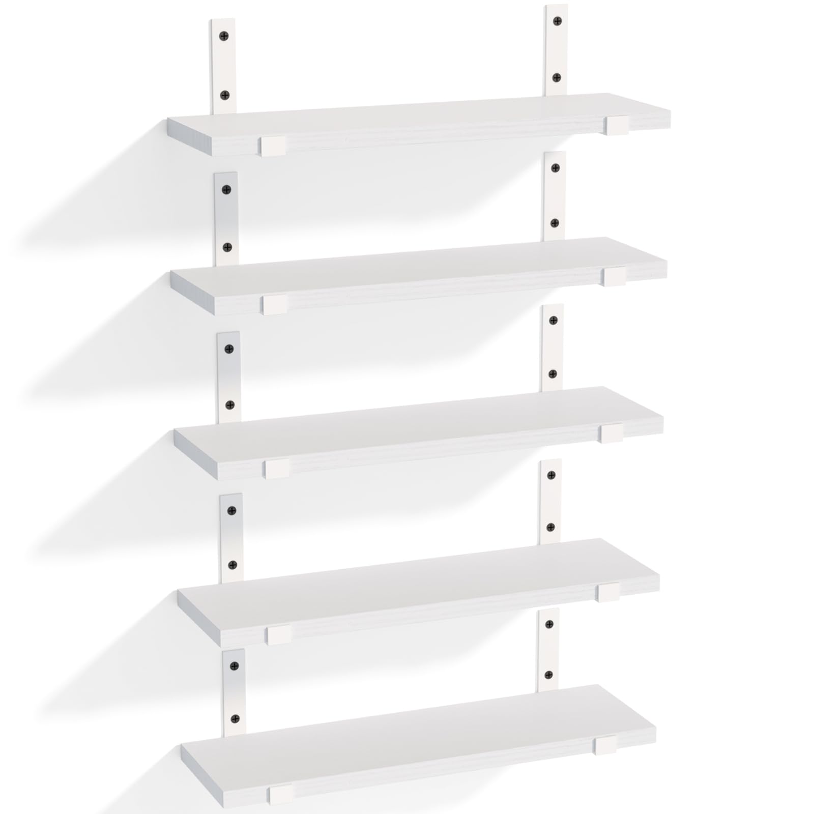 Fixwal Floating Shelves Set of 5, Width 4.7 Inches Wall Shelves, Rustic Wood Wall Storage Shelves for Bedroom, Living Room, Kitchen, Bathroom, Home Decor, Office and Plants (White and White Bracket)