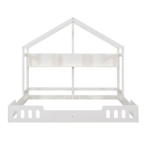 Harper & Bright Designs Twin House Bed for 2 Kids,Wood Double Twin Platform Beds with Rails, Montessori Floor Bed,Two Shared Beds with Shelves and Guardrail,Creamy White