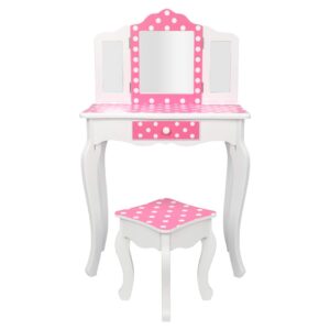 vasitelan kids vanity table and chair set, girls vanity set with mirror and stool, makeup dressing princess table with drawer, kids vanity set with mirror (e style-pink)