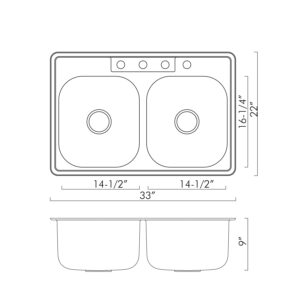 DAX Stainless Steel 50/50 Double Bowl Top Mount Kitchen Sink, Brushed Stainless Steel