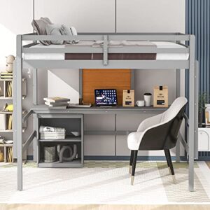 BOVZA Full Size Loft Bed with Desk and Writing Board, Cabinet, Wood Loft Bed Frame with 2 Built-in Ladder and Guardrails for Kids Teens Girls Boys, Gray