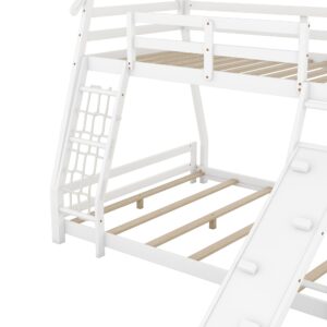 Harper & Bright Designs Twin Over Queen Bunk Bed with Climbing Nets and Climbing Ramp,Wooden Playhouse Bunk Beds for Kids,Girls & Boys,No Box Spring Needed, White