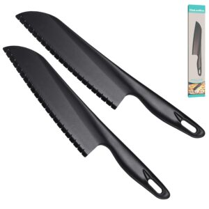 chaleemoo 11” nylon knife for nonstick bakeware with serrated edges, large plastic kitchen knife to cut lettuce salad cake brownie or veggies fruits, nonmetal knife for teflon cookware, black 2 pack