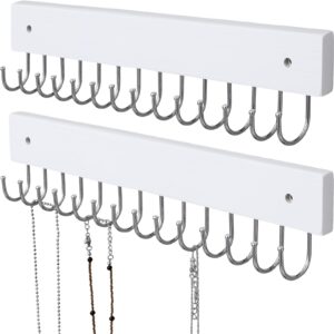 scunda hanging jewelry organizer wall mounted, modern wall jewelry display with 28 hooks, decorative necklace holder for wall, space-saving necklace hooks, (2-pack, white)