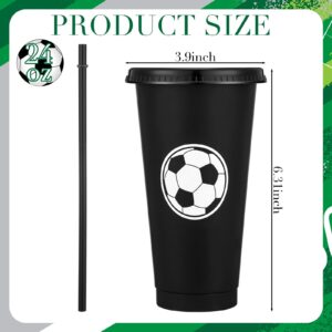 Domensi 12 Pcs Sport Soccer Plastic Tumbler with Lid and Straw 24oz Reusable Plastic Cups Sports Gifts for Fan Friend Guest Birthday Office Sport Party Supplies