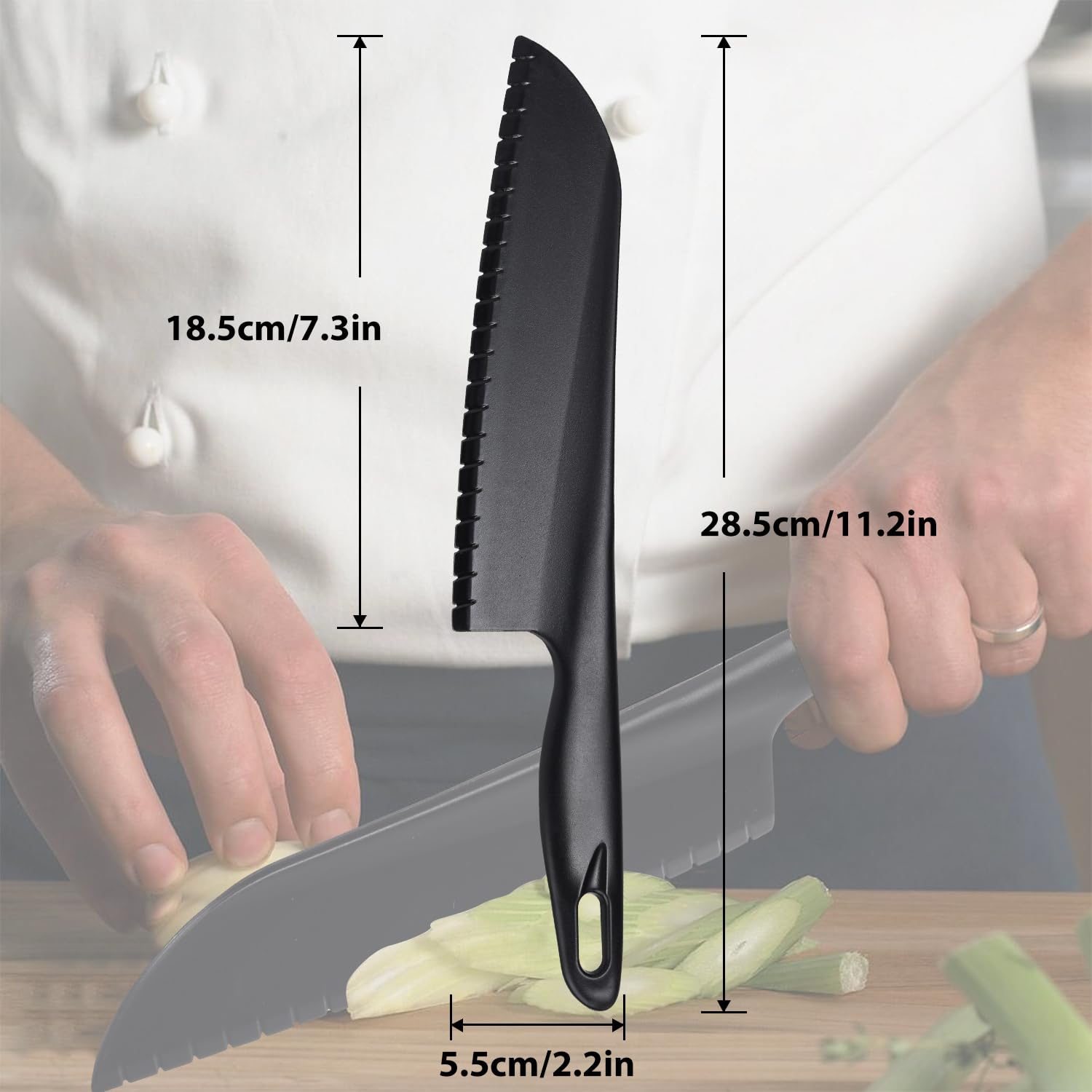 ChaLeeMoo 11" Nylon Knife for Nonstick Pans, Plastic Serrated Kitchen Knife to Cut Cake Brownie Pie Lasagna or Various Veggies and Fruits, Non Metal Knife, Salad or Lettuce Knife, Black