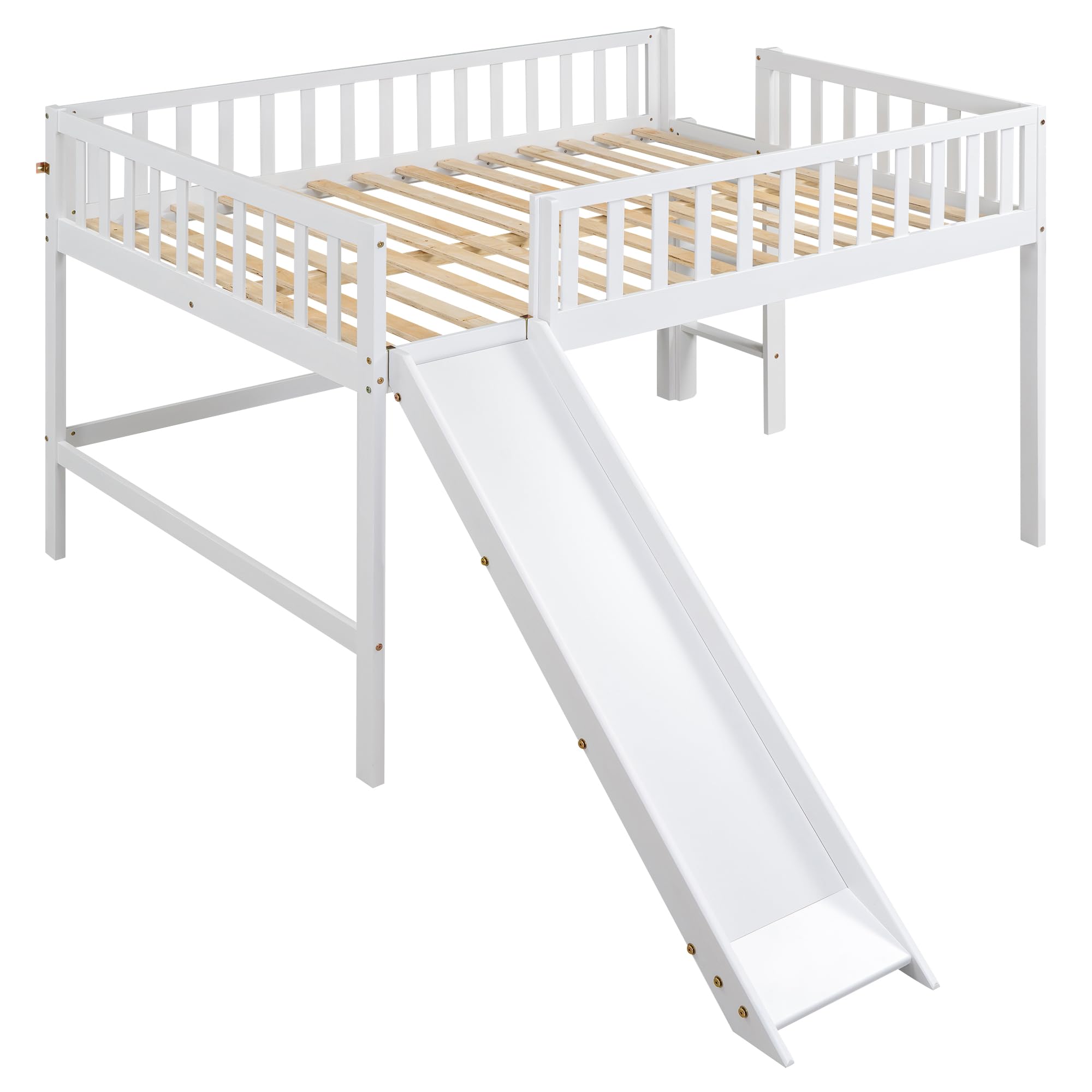 Harper & Bright Designs Full Size Low Loft Bed with Slide, High Guardrail & Ladder, Kids Wooden Full Loft Bed Frame for Girls,Boys, No Box Spring Needed, White