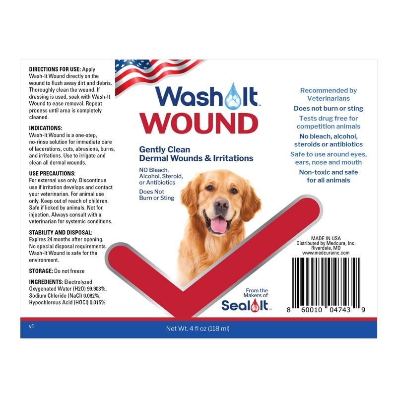 Wash-It Wound Wash for Dogs | Pet Wound Care for Dogs with Hypochlorous Acid to Clean Wounds, Cuts, Burns & Irritation & Prevents Infection | US-Made Dog Wound Care & Safe for All Animals (4oz)