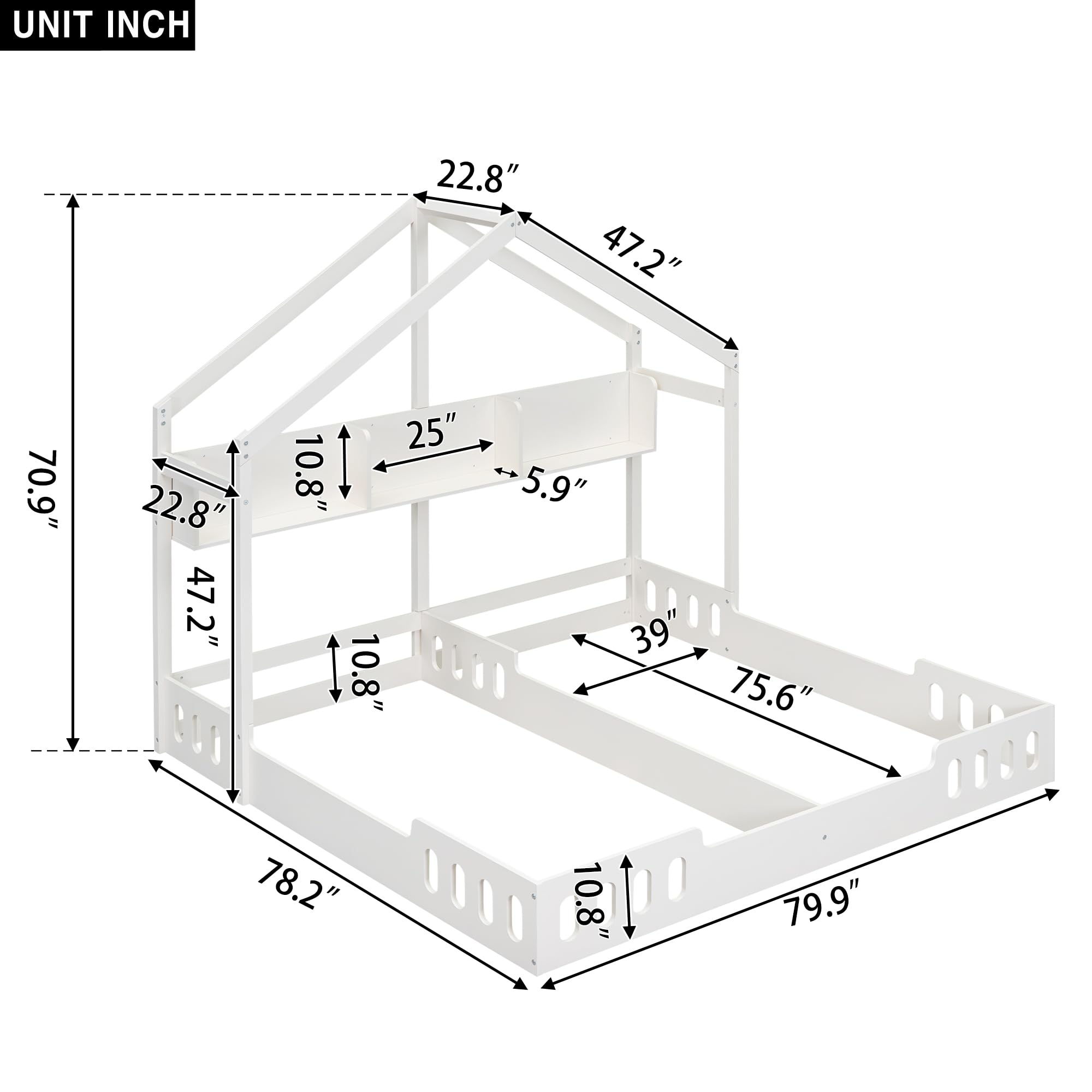 Harper & Bright Designs Twin House Bed for 2 Kids,Wood Double Twin Platform Beds with Rails, Montessori Floor Bed,Two Shared Beds with Shelves and Guardrail,Creamy White