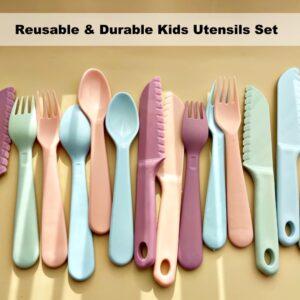 ChaLeeMoo 16Pcs Kids Plastic Utensils Kids Forks and Spoons Set, Multicolor Toddler Utensils, Reusable Kids Silverware Cutlery Set, Ideal for School Lunch Box, Camping, Travel, Party Favors BPA Free