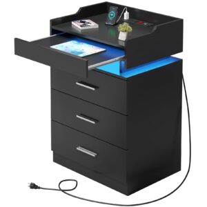 HAUOMS Black Nightstand Set of 2,LED Night Stand with Charging Station & Pull-Out Tray,Bedside Table with Drawers,Modern End Table Side Table Storage Cabniet