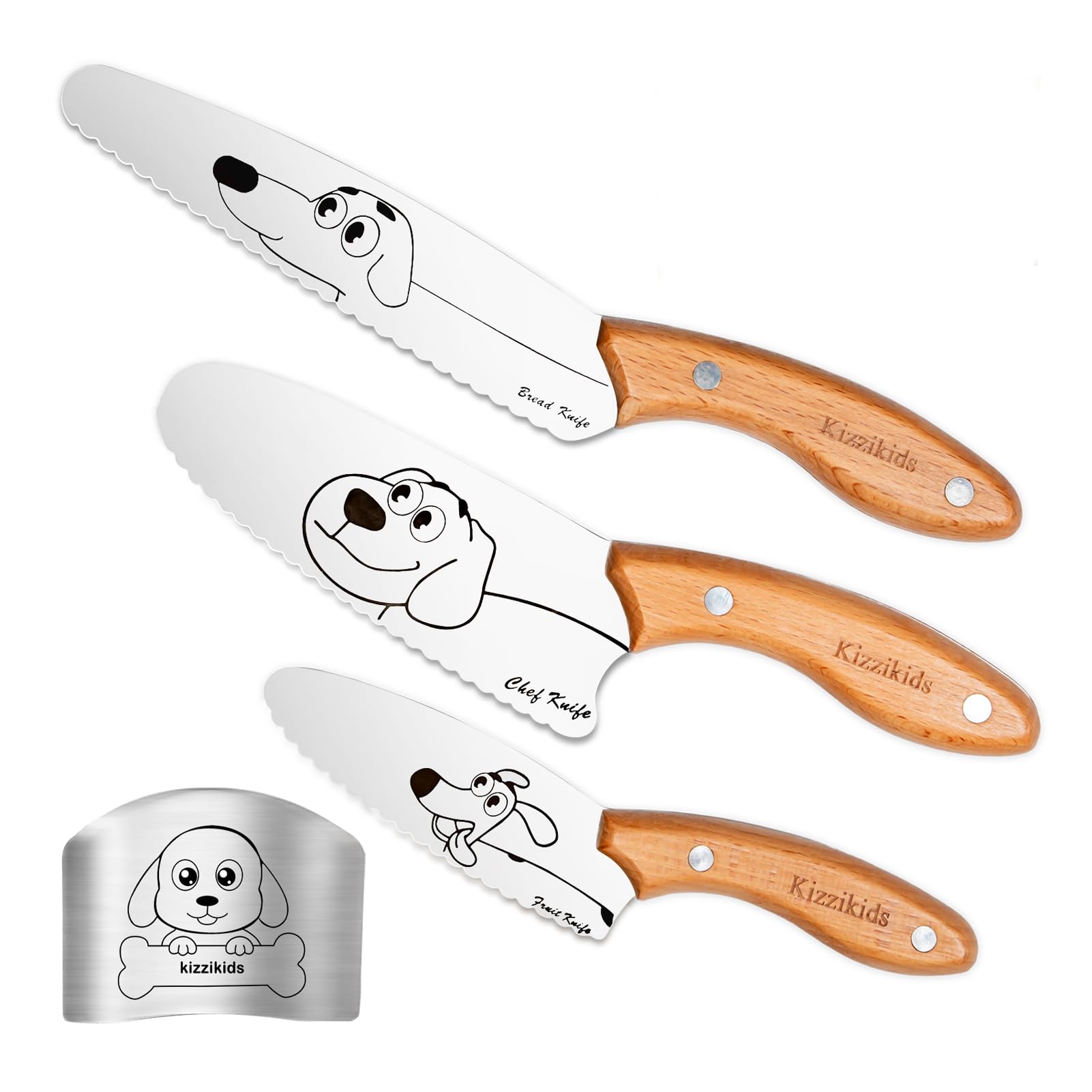 Kizzikids Kids Safe Knife Set for Real Cooking, 4-Piece Kids Knife Set Round Tip, Serrated Edges Kitchen Knife for Kids, Firm Grip Children Knives, BPA-Free Metal Kids Knife Set