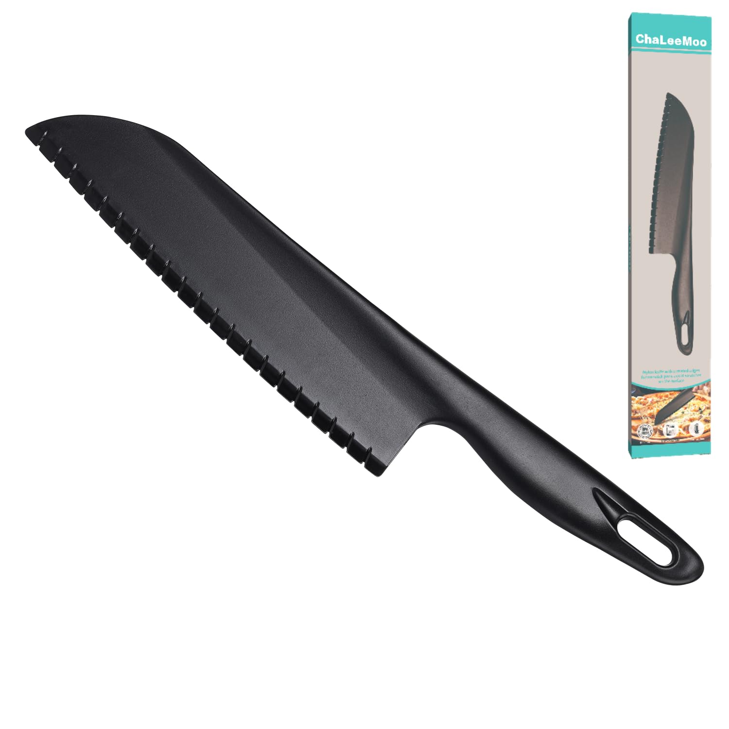 ChaLeeMoo 11" Nylon Knife for Nonstick Pans, Plastic Serrated Kitchen Knife to Cut Cake Brownie Pie Lasagna or Various Veggies and Fruits, Non Metal Knife, Salad or Lettuce Knife, Black