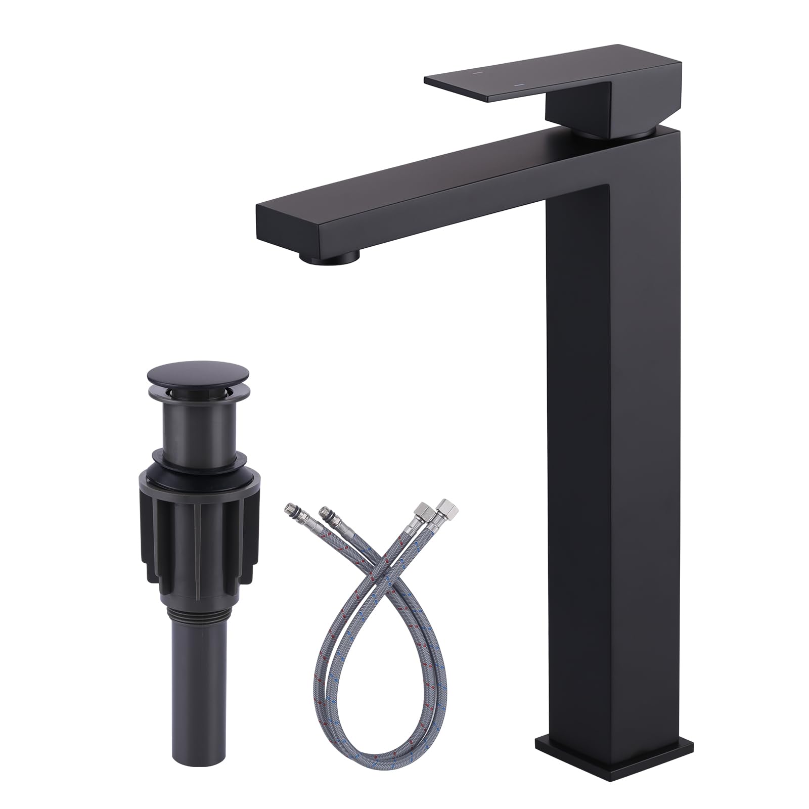 Vessel Sink Faucet Matte Black, ARCORA Single Handle Tall Bathroom Faucet, Single Hole Lavatory Vanity Mixer Bar Tap with Pop Up Drain and Faucet Supply Lines