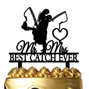 funny fishing wedding cake topper - best catch ever - groom hugging bride fishing couple cake topper, mr&mrs wedding cake topper (fishing couple)