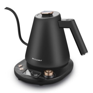 elite gourmet ekt3001 1l digital #304 stainless steel interior 1200w kettle pre-programmed temperatures, keep warm, cordless, 360° base, 90° gooseneck spout, auto shut-off function, matte black