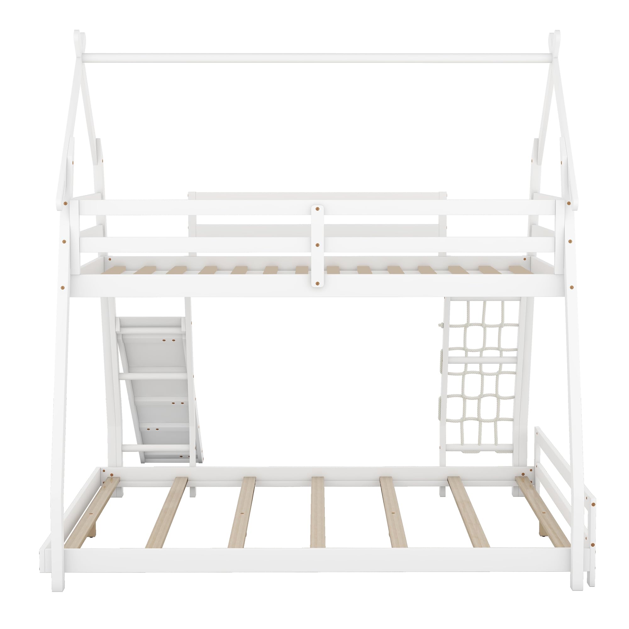 Harper & Bright Designs Twin Over Queen Bunk Bed with Climbing Nets and Climbing Ramp,Wooden Playhouse Bunk Beds for Kids,Girls & Boys,No Box Spring Needed, White