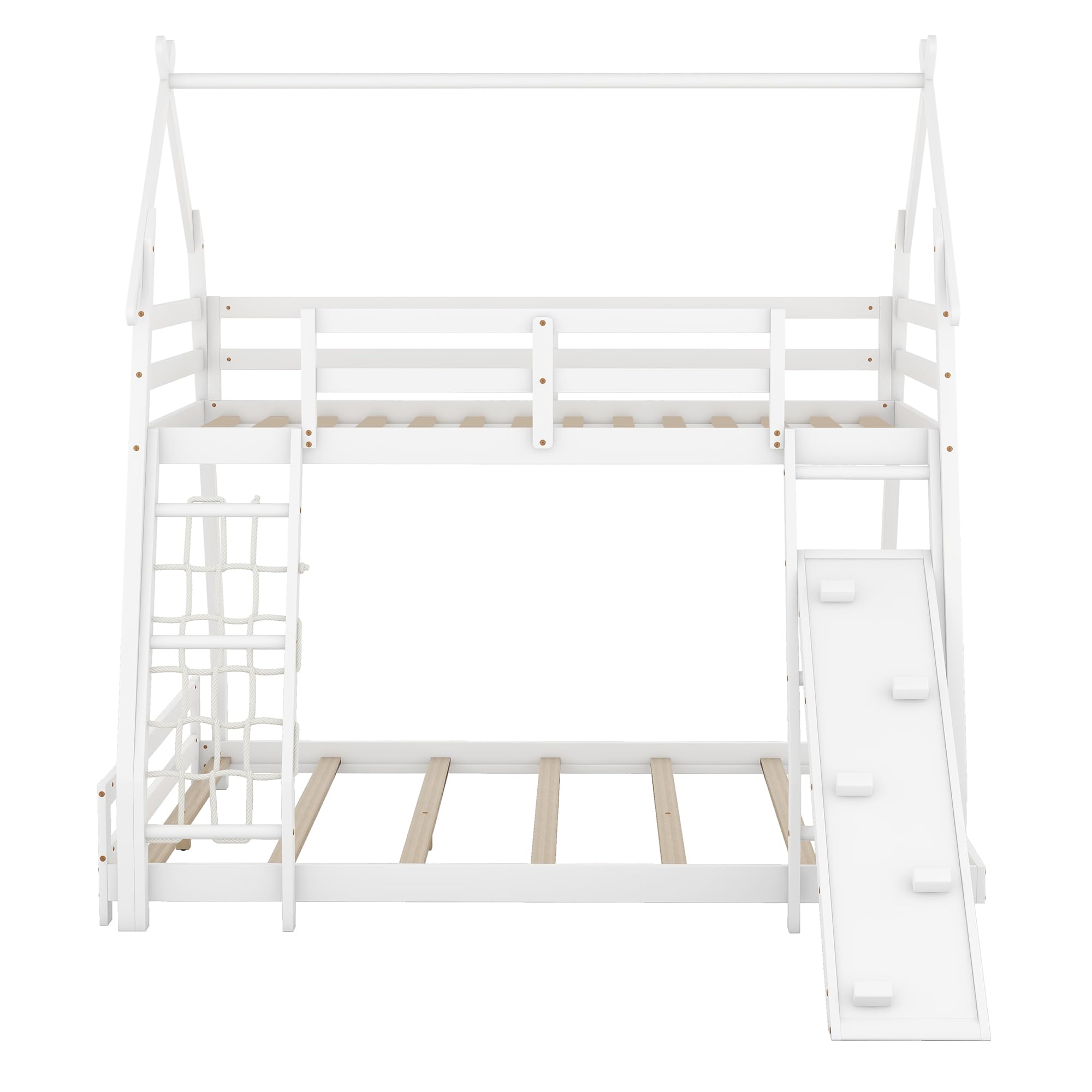 Harper & Bright Designs Twin Over Queen Bunk Bed with Climbing Nets and Climbing Ramp,Wooden Playhouse Bunk Beds for Kids,Girls & Boys,No Box Spring Needed, White