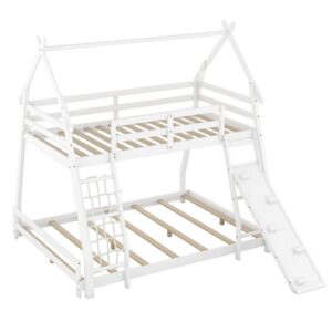 Harper & Bright Designs Twin Over Queen Bunk Bed with Climbing Nets and Climbing Ramp,Wooden Playhouse Bunk Beds for Kids,Girls & Boys,No Box Spring Needed, White