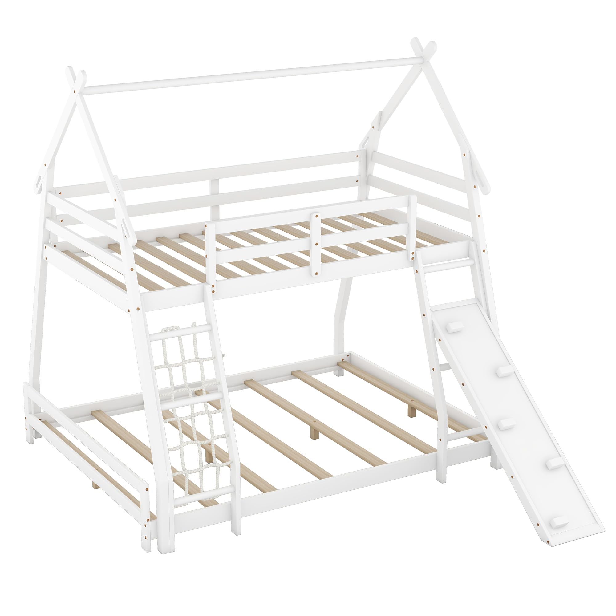 Harper & Bright Designs Twin Over Queen Bunk Bed with Climbing Nets and Climbing Ramp,Wooden Playhouse Bunk Beds for Kids,Girls & Boys,No Box Spring Needed, White